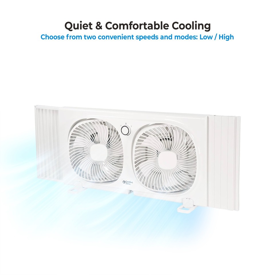 Comfort Zone Twin Window Fan, Individual 180 Degree Rotating Fan Heads ...