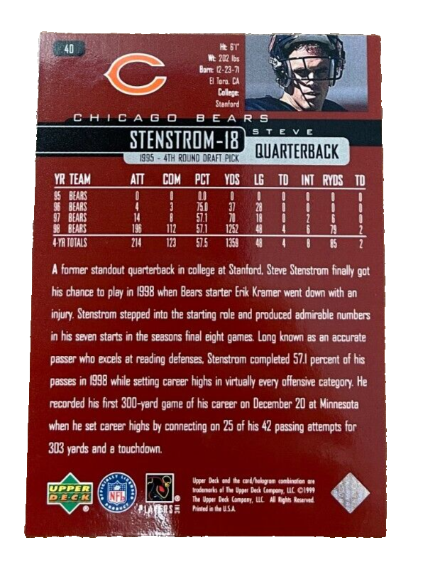 1999 UPPER DECK CARD # 40 Steve Stenstrom - Chicago Bears | eBay