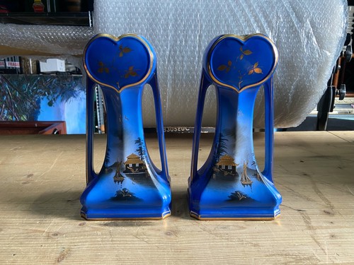 PAIR OF CIRCA 1910 HAND PAINTED SYLVAC MOONLIGHT WARE CERAMIC VASES ...