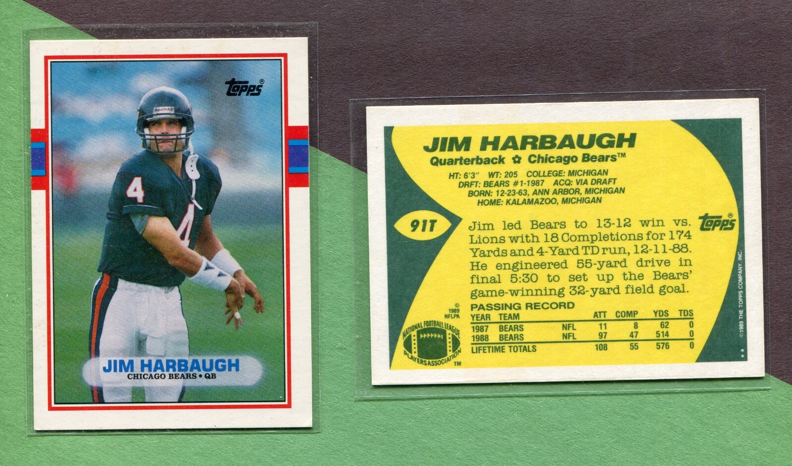 JIM HARBAUGH CHICAGO BEARS 1989 TOPPS NFL ROOKIE CARD #91T SAN DIEGO ...