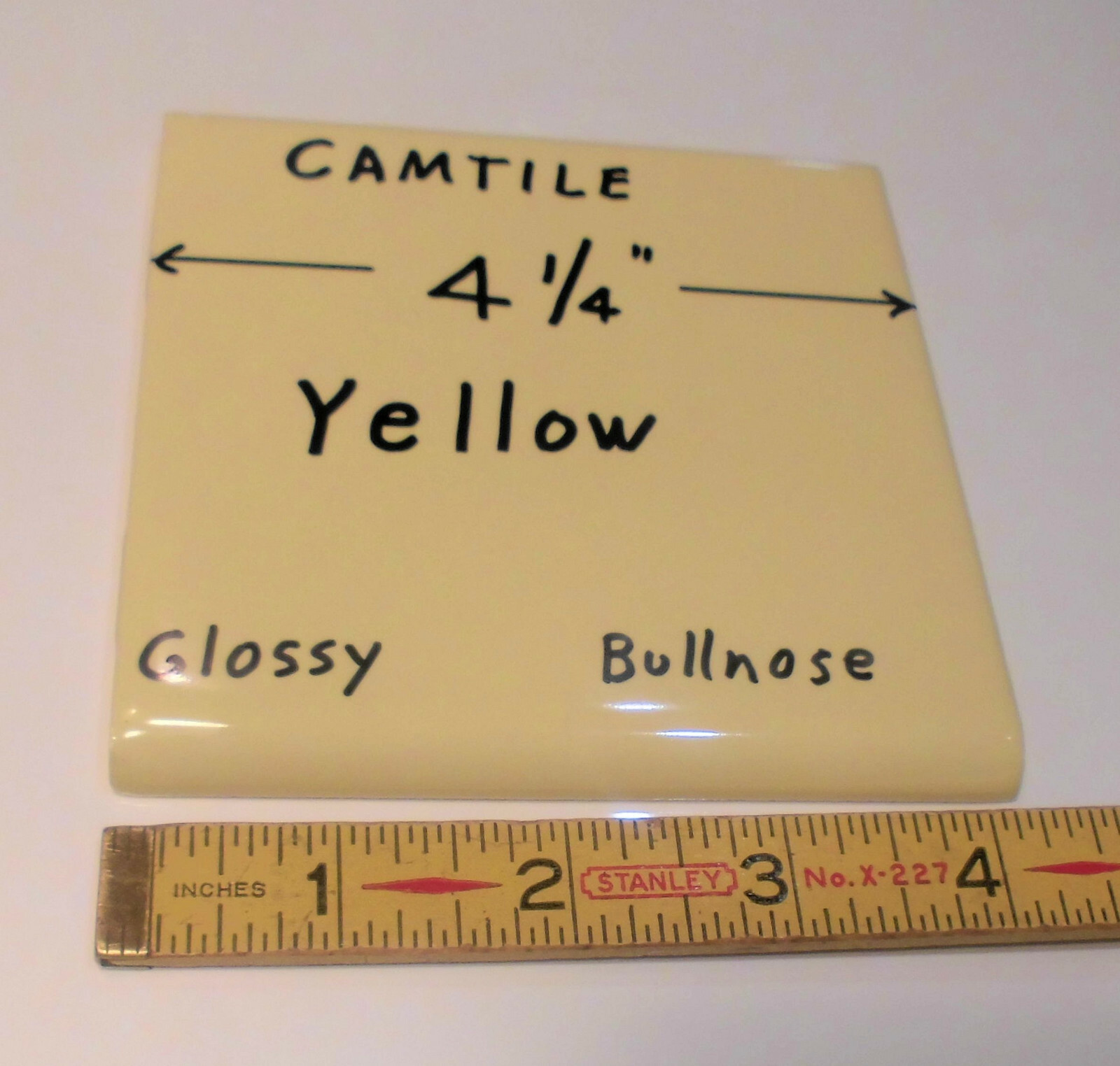 1 pc. Vintage Glossy Ceramic Bullnose Tile 4-1/4” *Camtile Yellow* Flat ...