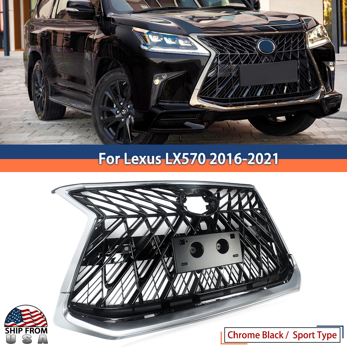 New Style For Lexus LX570 2016-2021 Front Bumper Grille Chrome Black ...