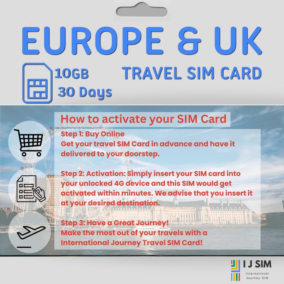 Europe/UK Travel/Holiday SIM Card 30 Days 10GB High Speed Internet Data ...