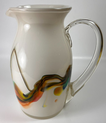 Vtg Dalian Snowflake Color Swirl Glass Pitcher Jug Art Glass MCM ...