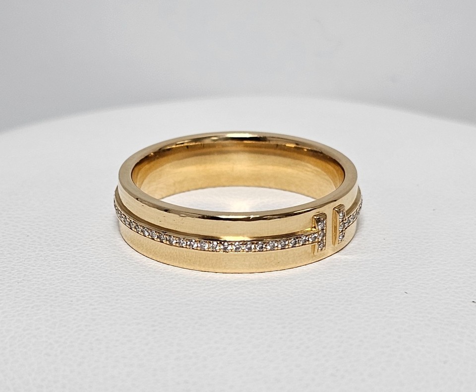 TIFFANY & CO. T Wide 18K Yellow Gold Diamond Rind Band 5.5mm Size 9 ...