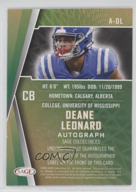 2022 SAGE High Series - Autographs Red #A-DL Deane Leonard (AU, RC) for ...