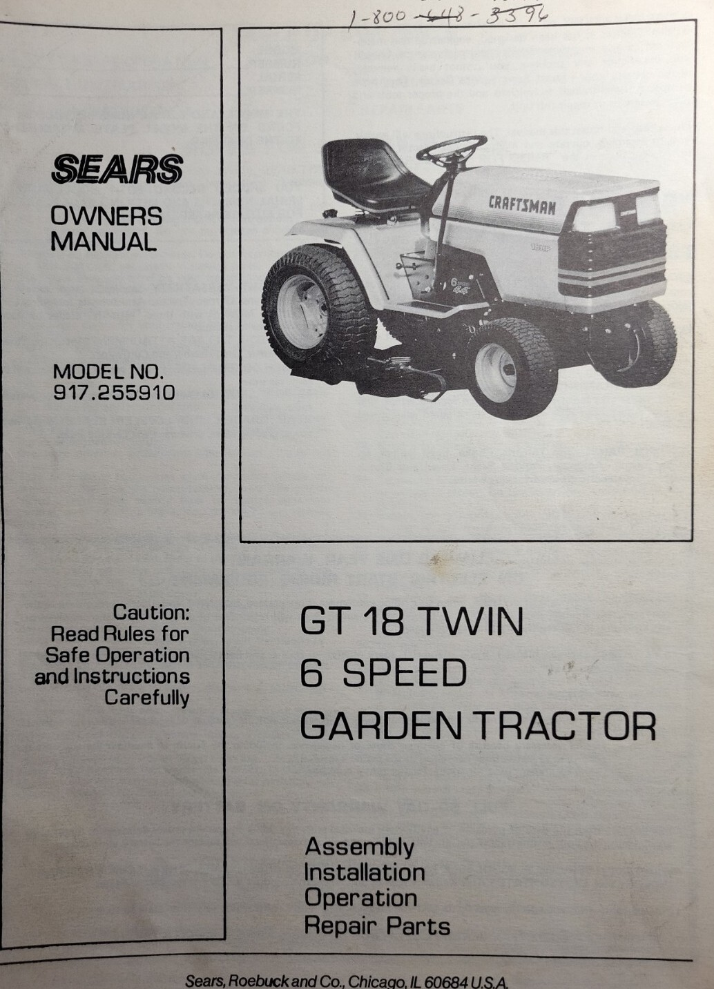 Sears Craftsman GT/18 Garden Tractor & Elec Lift Owner & Parts Manual ...
