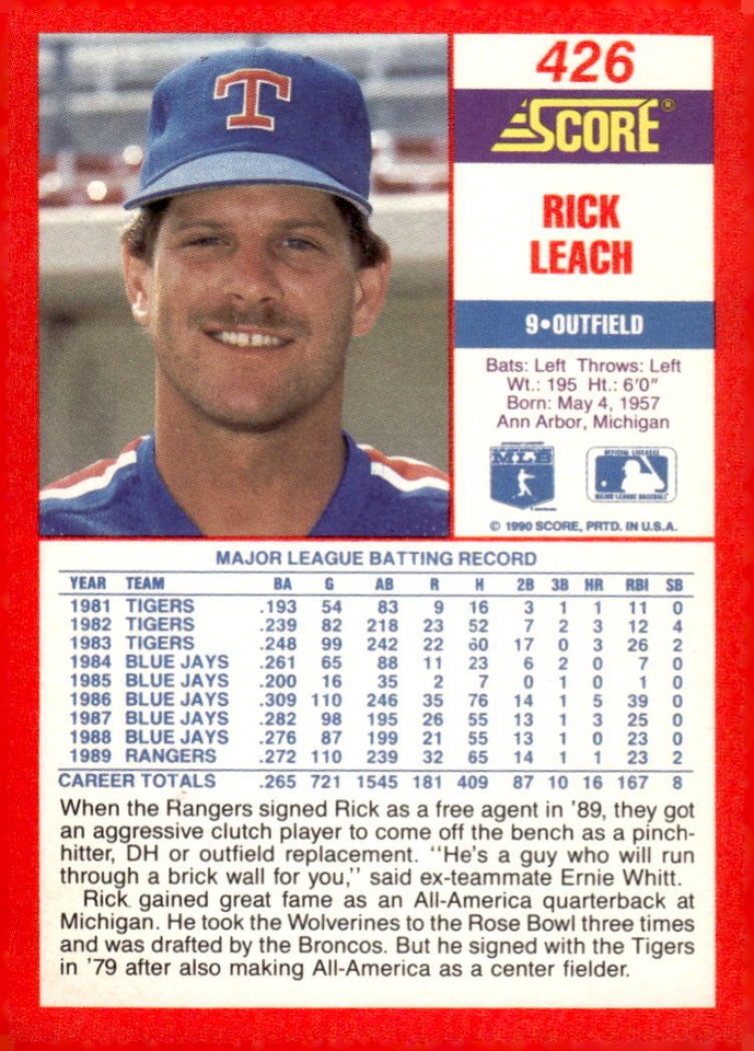 1990 Score #426 Rick Leach - Texas Rangers | eBay