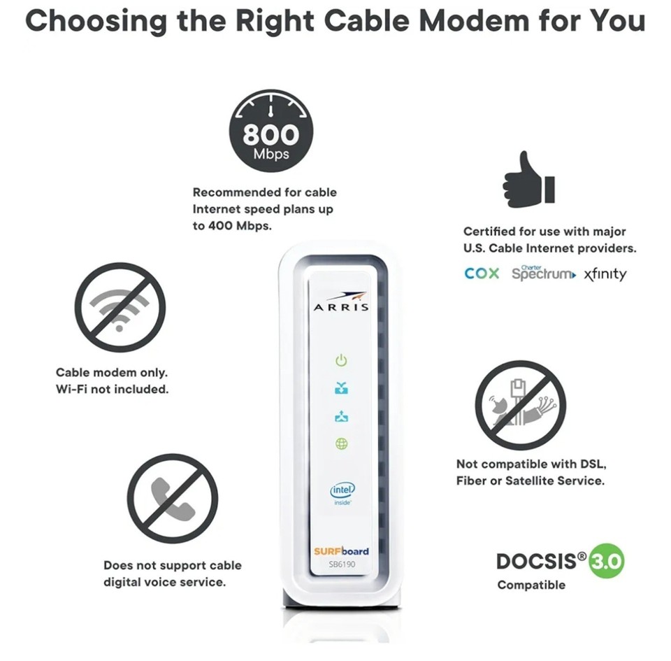 ARRIS SURFboard SB6190 DOCSIS 3.0 Cable Modem 32x8|Gigabit Speed|FREE ...