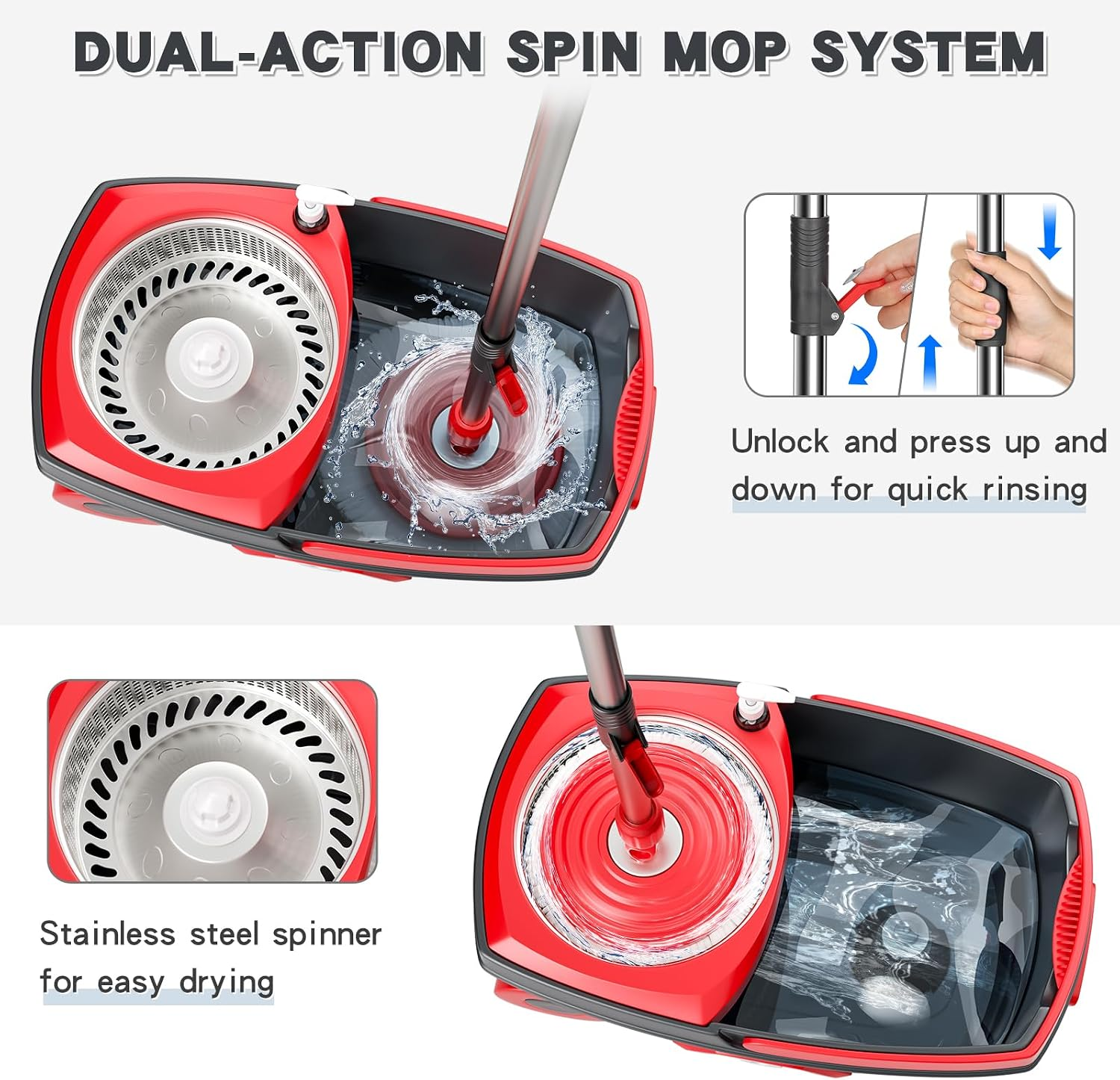 Spin Mop and Bucket Set with 6 Microfiber Heads, Dark Grey ...