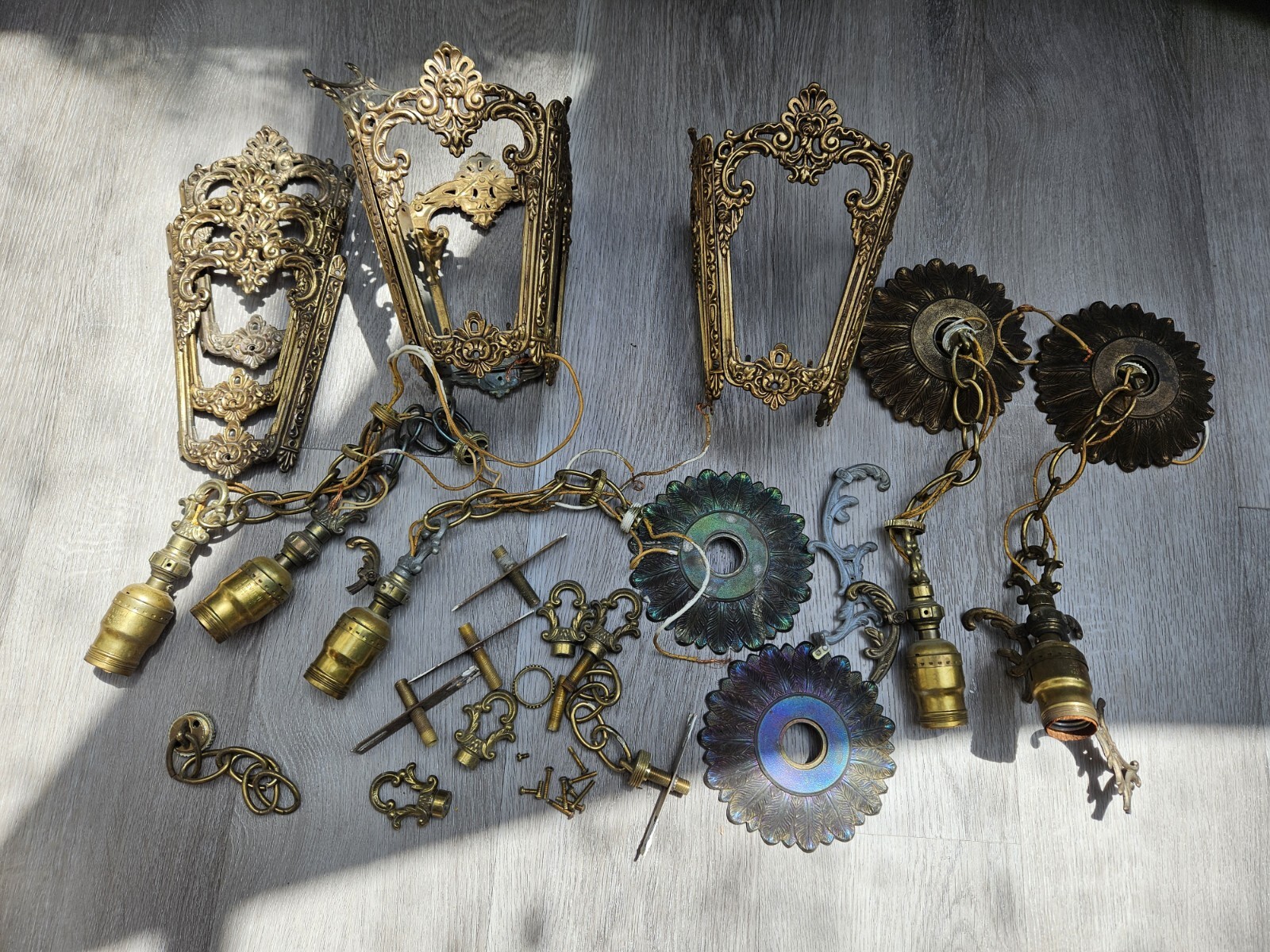 Vintage Brass Slag Glass Slip Shade Lamp Parts Mcm 1950 Art Deco Job ...