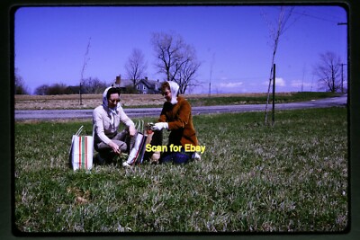 Redhead Woman digging up Dandelion Greens in 1963, Kodachrome Slide aa ...