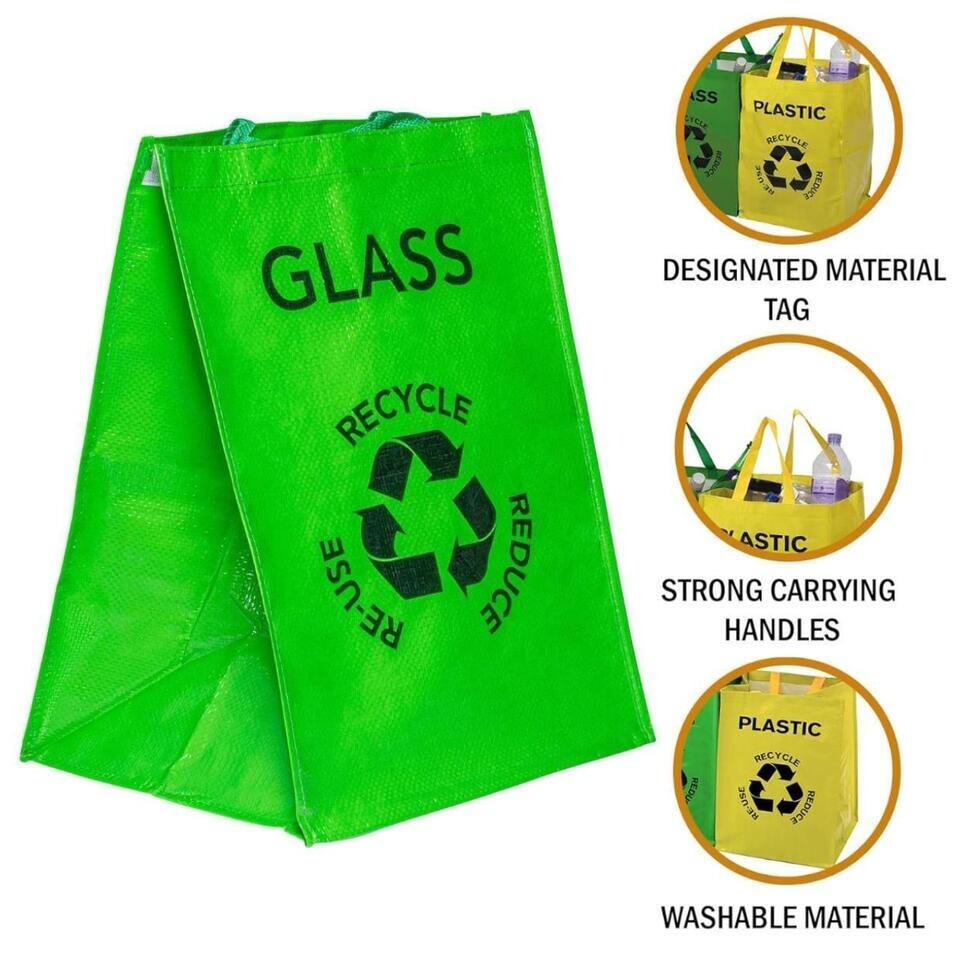 SET OF 3 RECYCLING CARRY BAGS Reusable Recycle Waste Sorting Bin Sack ...