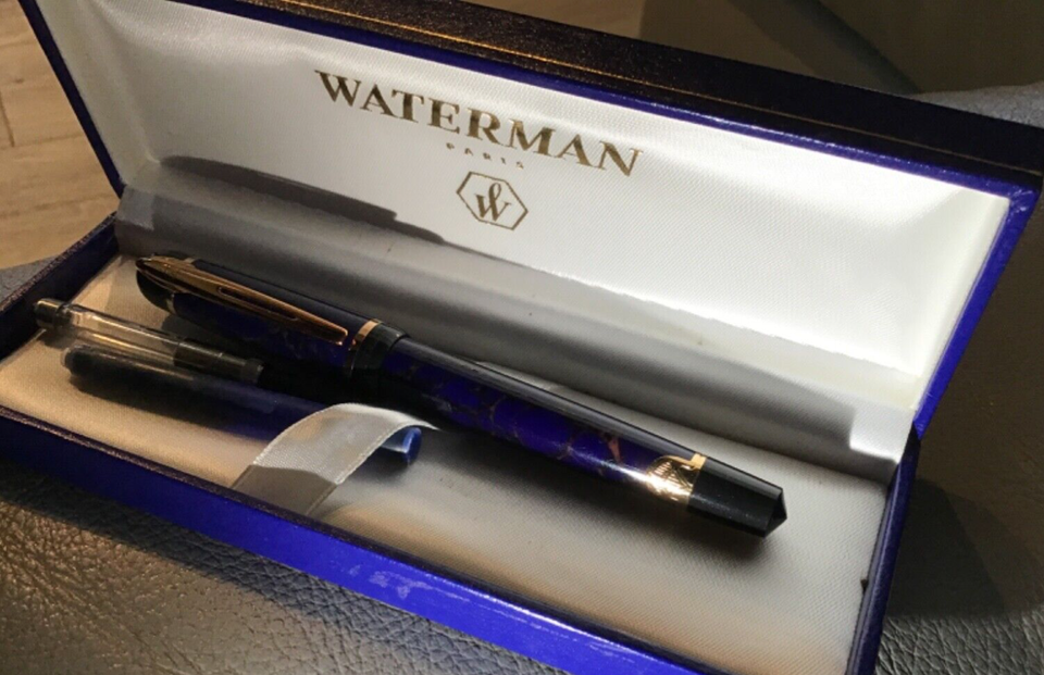 Vtg Waterman Phileas Blue Marble Gold Plated Medium Nib Fountain Pen ...