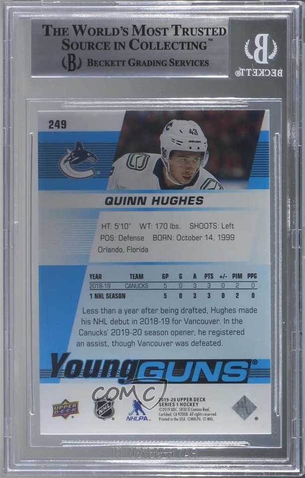 2019-20 Upper Deck Young Guns Quinn Hughes #249 BGS 9 MINT Rookie RC | eBay