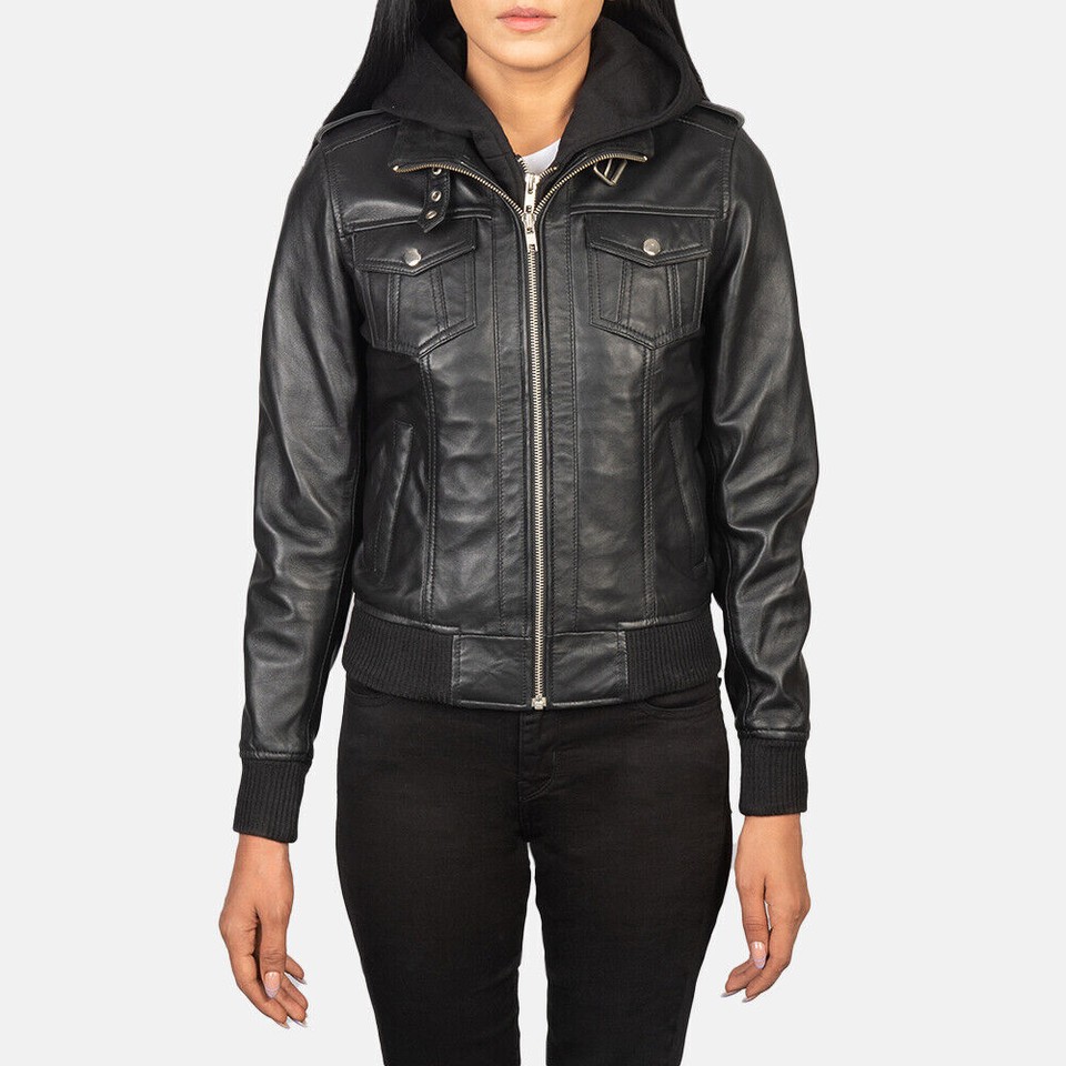 Women's Black Bomber Detachable Hooded Leather Jacket Moto Biker ...