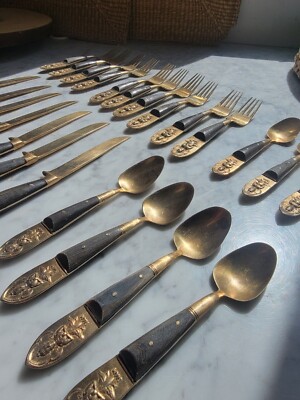 Vintage Bangkok Thailand 25 Piece Bronze /Brass Silverware wood Handle ...