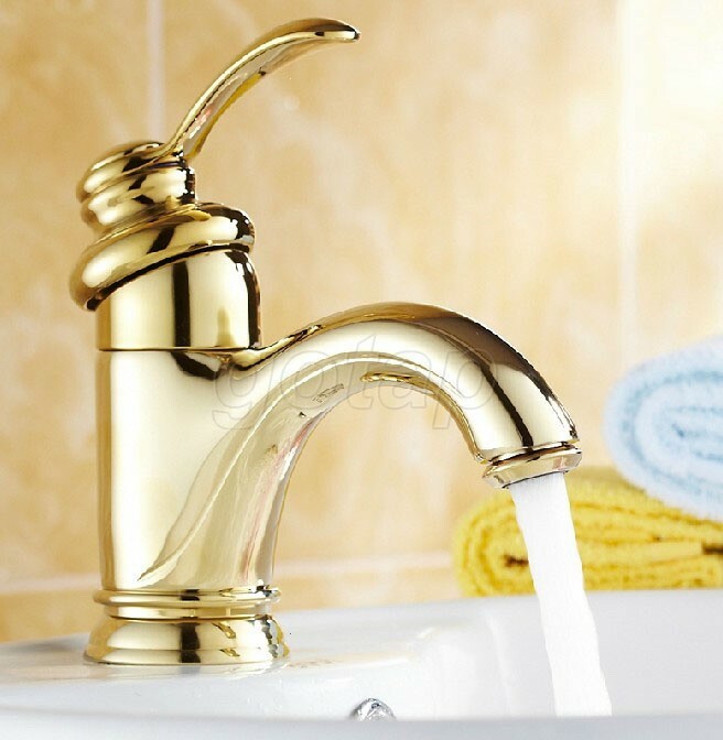 Polished Gold Brass Bathroom Sink Faucet Single Handle One Hole Vanity ...