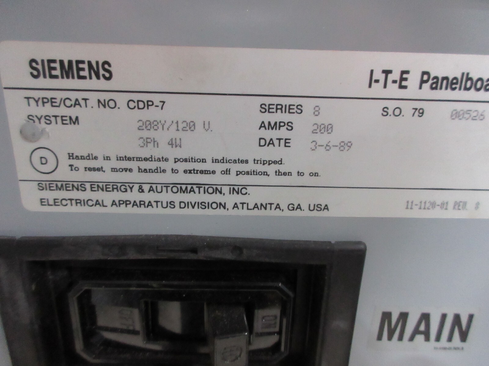 Siemens CDP7 Panelboard QJ23B200 Main Breaker 120/208 Volt 3PH 4W 42 ...