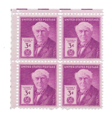 #945 Plate Block 4 stamps 3 cent Thomas A. Edison circa 1947 Bright ...