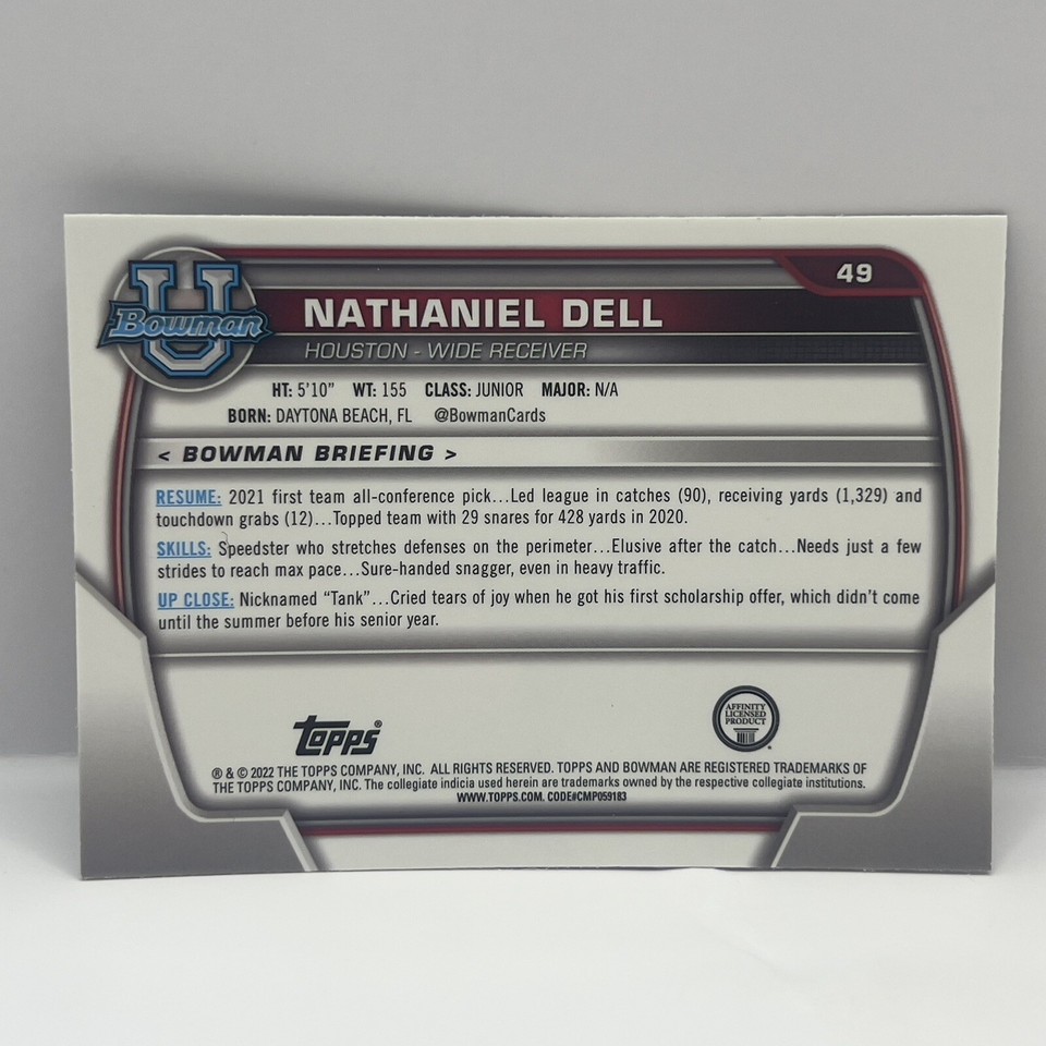 2022 Bowman Chrome University Football Nathaniel Dell Base #49 Houston Cougars | eBay