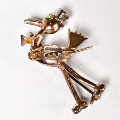 Vintage Sterling & Gilt Stork Brooch Pin With Top Hat and Green Glass ...