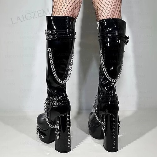 Women Knee High Boots Round Toe Platform Chains Studded Zip Up Chunky ...