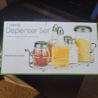 7 Piece Glass Condiment Set in Metal Holder ... NEW IN BOX | eBay