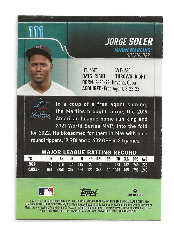 JORGE SOLER 2022 Topps Stadium Club Base Card Miami Marlins (#111) | eBay