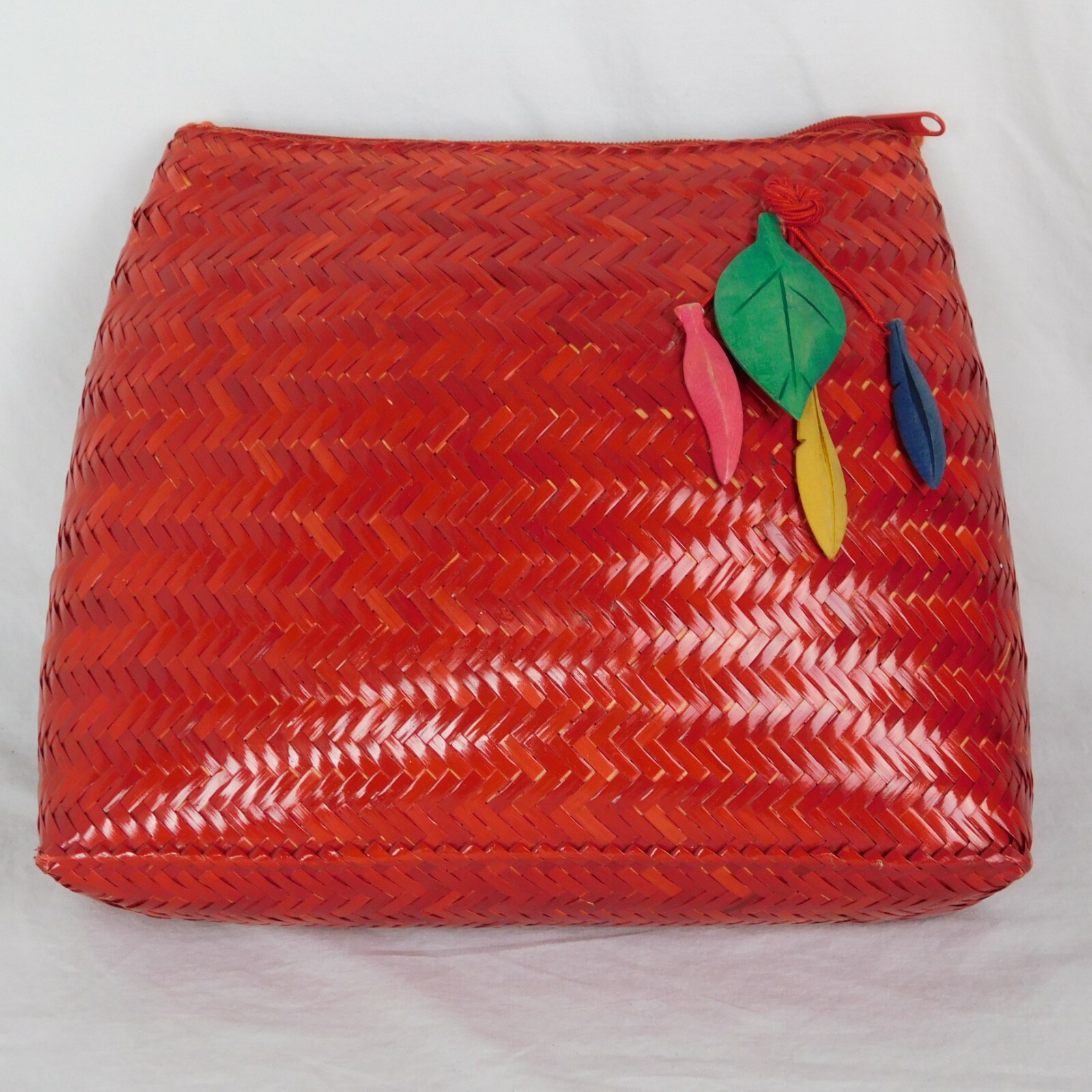 Red Wicker Straw Purse Wood Leaf Accents 11" long 9" high 3" deep 17.5 ...
