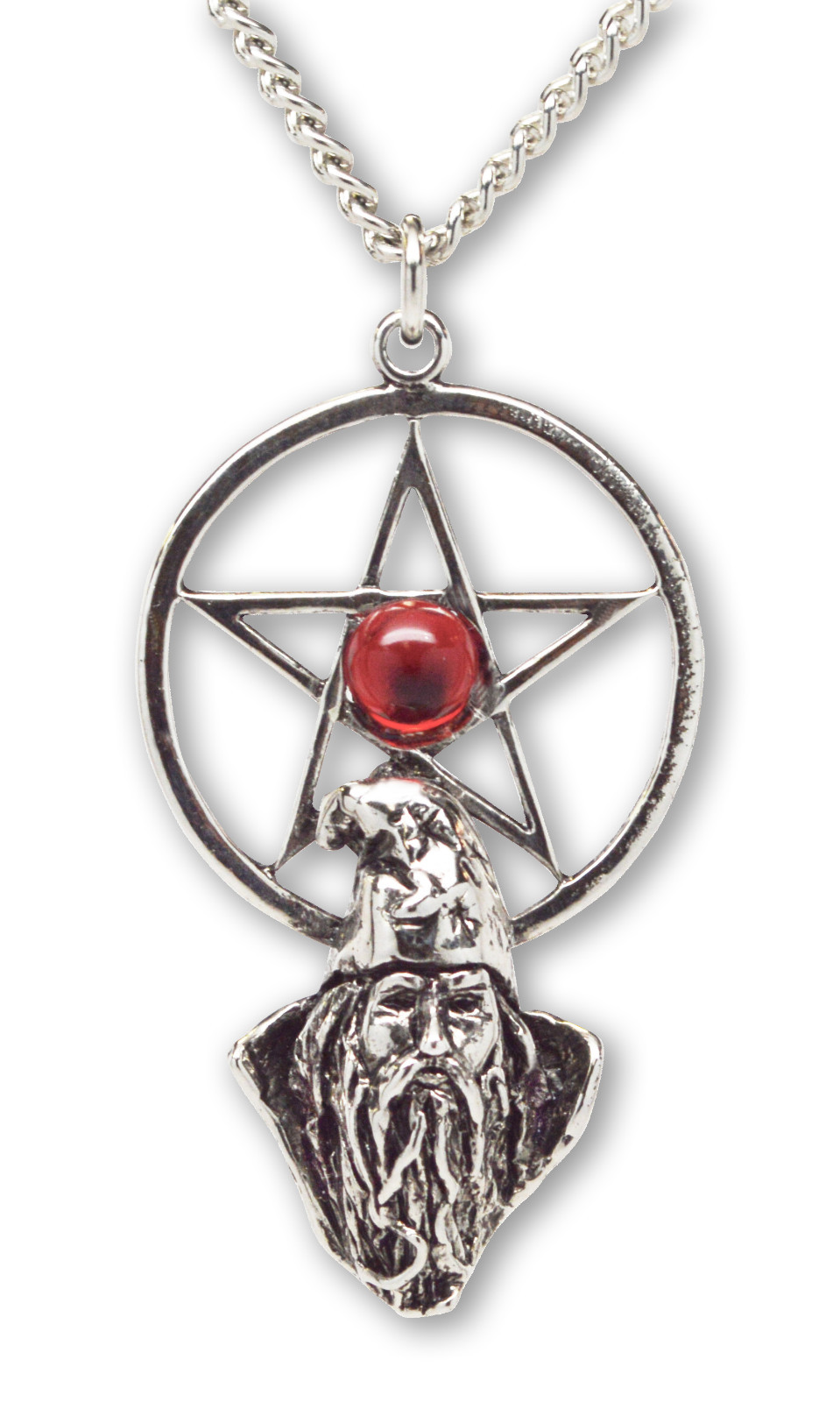 Wizard Pentacle with Red Stone Silver Finish Pendant Necklace NK-405R ...