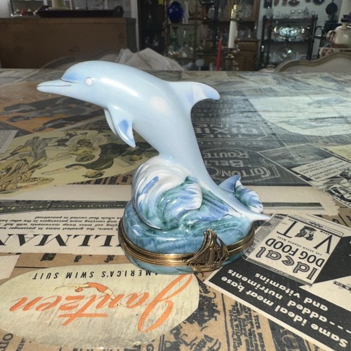 Vintage Dolphin Limoges Porcelain Trinket Box ROCHARD Hand Painted Exc ...