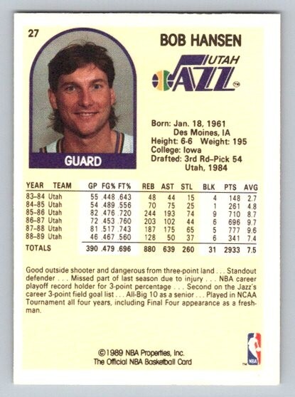 1989-90 NBA Hoops Bob Hansen #27 Utah Jazz | eBay