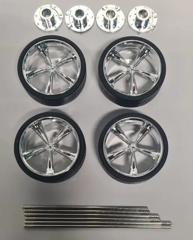 1/18 SCALE WHEELS & TYRES (4) SET WITH DISC & RODS - 4CM WIDE, 1.5CM ...