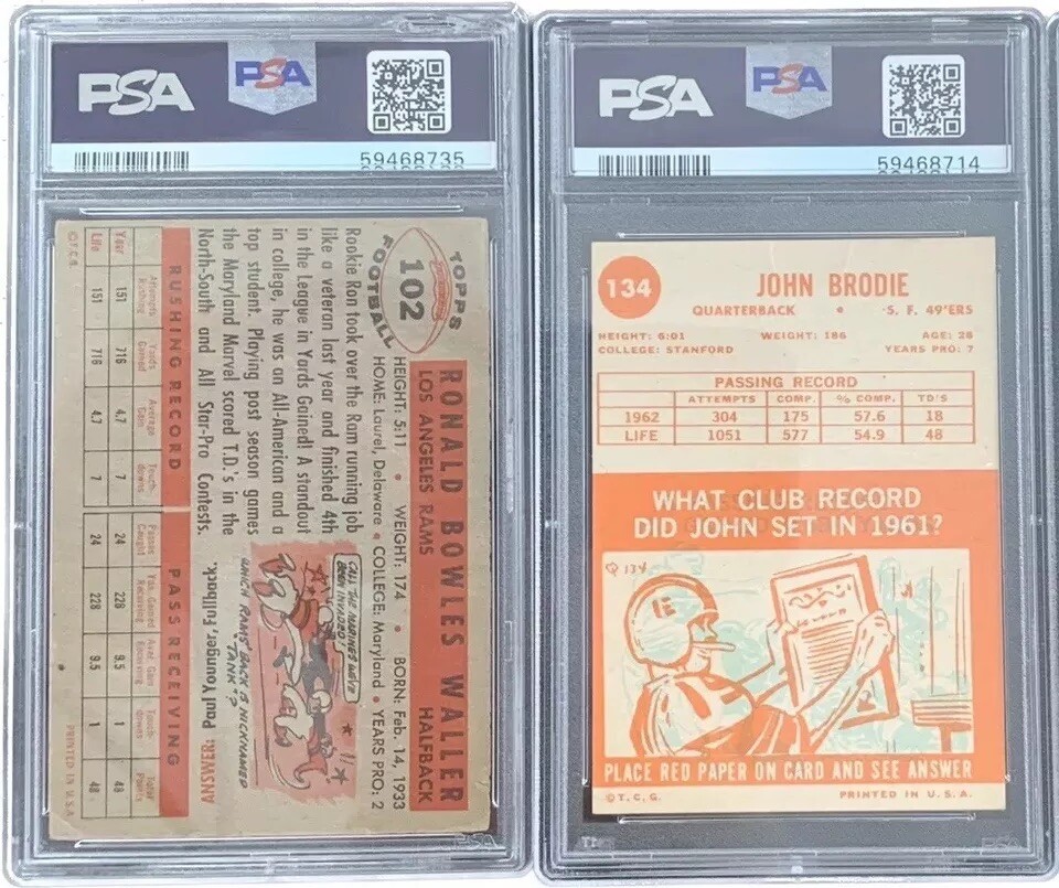 PSA-Graded Vintage Football 2 Card Lot Ron Waller, John Brodie 1950’s ...