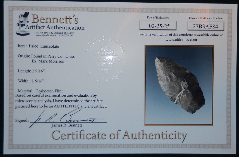 NICE OLD COSHOCTON FLINT PALEO STEMMED LANCEOLATE w/ JIM BENNETT COA OHIO C925 | eBay