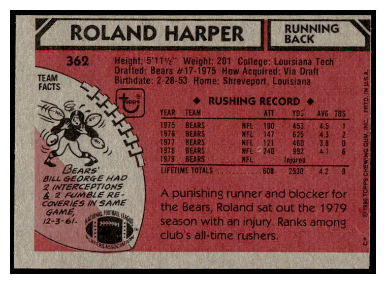 1980 Topps #362 Roland Harper Chicago Bears Excellent | eBay