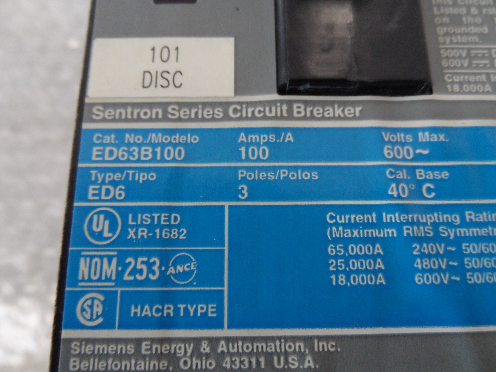 Siemens ED63B100 CIRCUIT BREAKER LN1E100 Pole 3,Volts Max 600V,Amp 100A ...