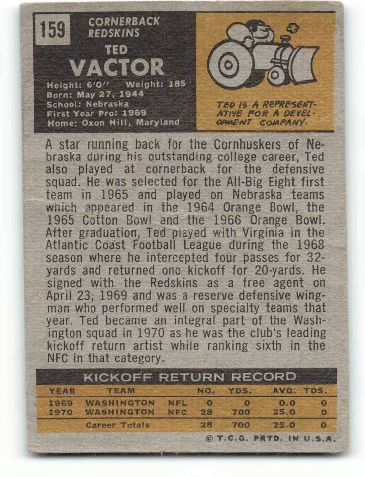1971 Topps #159 Ted Vactor P Poor RC Rookie Redskins ID:238646 | eBay