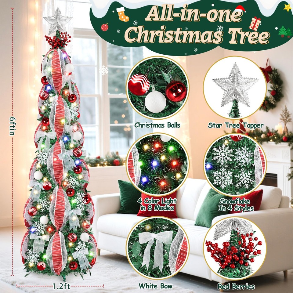6Ft Prelit Pop Up Christmas Tree with Lights, Collapsible Artificial ...