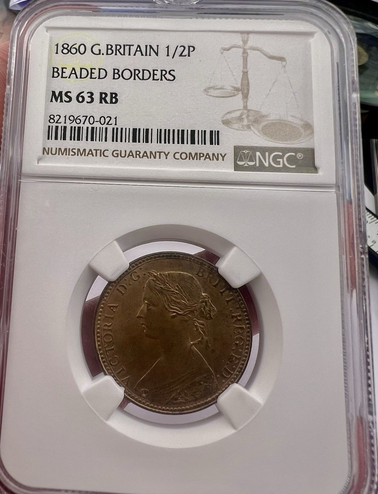 1860 Beaded Border Queen Victoria Bun Head Half Penny Coin NGC Ms63 GB ...
