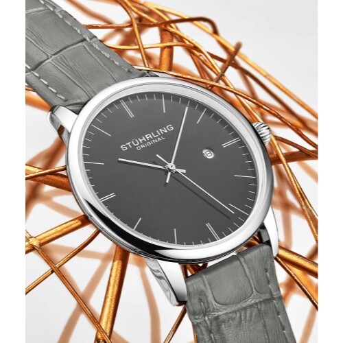 Stuhrling 3997 4 Quartz Rasa Date Gray Embossed Leather Strap Mens ...