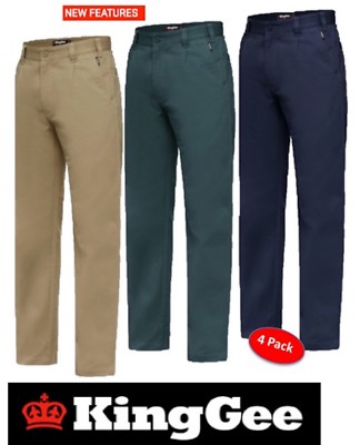 KING GEE - PACK OF 4 PAIRS - MENS STEEL TOUGH DRILL WORK PANTS TROUSERS ...