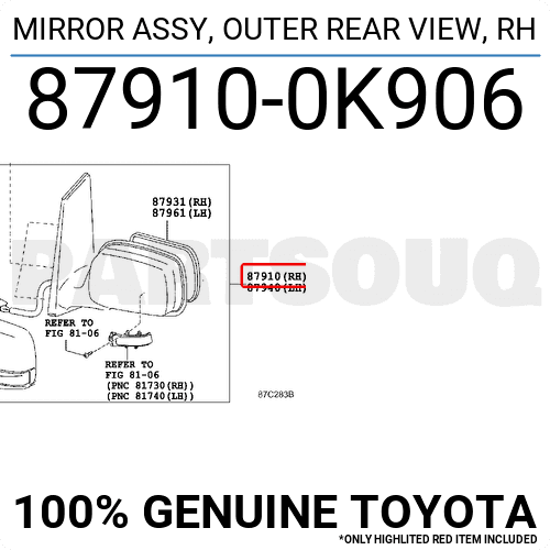 879100K906 Genuine Toyota MIRROR ASSY, OUTER REAR VIEW, RH 87910-0K906 ...