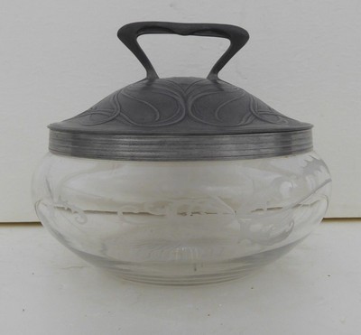PEWTER LIDDED BOX COVERED GLASS ENGRAVED JUGENDSTIL GERMANY ANTIQUE ERA ...