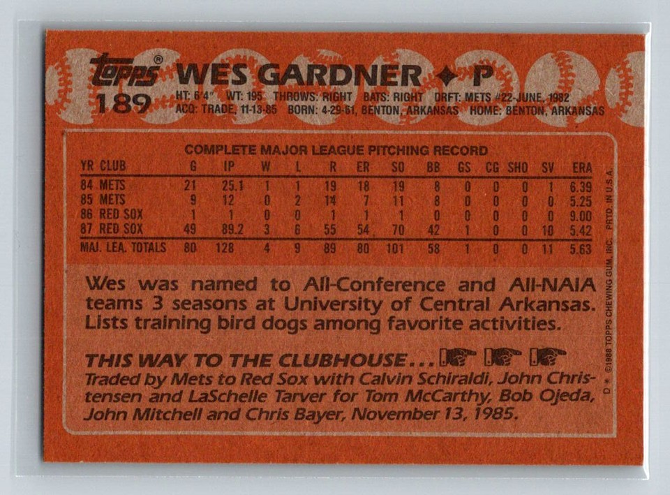 1988 Topps Rookie RC #189 Wes Gardner Boston Red Sox Baseball Card | eBay
