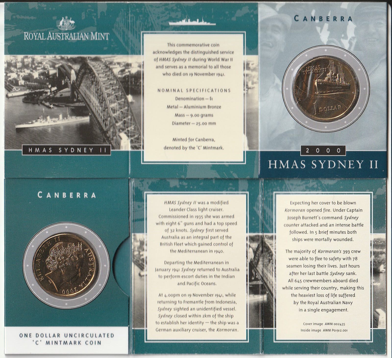 Australia 2000 : HMAS Sydney II 0ne Dollar Uncirculated 'S' Mintmark ...