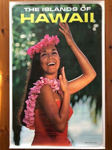 HAWAII VISITORS BUREAU Promotion Poster 70's Original Vintage Hula Girl ...