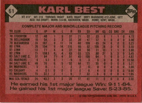 1986 Topps Karl Best #61 Seattle Mariners | eBay