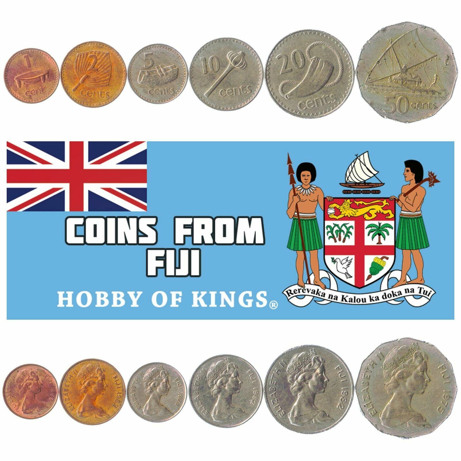 Fijian 6 Coin Set 1 2 5 10 20 50 Cents | Queen Elizabeth II | 1969 ...